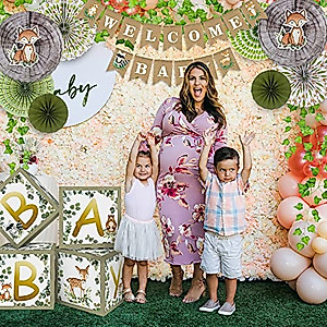 YARA Woodland Baby Shower Decorations Boxes for Boy Girl, Sage Green Party Decor Letters, Boho Baby Blocks Decoration Backdrop, Neutral Gender & Reveal Box Centerpieces, Forest Animals Greenery Theme