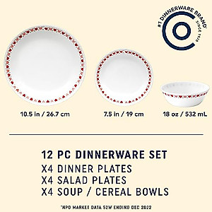 Corelle MilkGlass 12-Pc Dinnerware Set, Service for 4, Durable and Eco-Friendly, Higher Rim Glass Plate & Bowl Set, Microwave and Dishwasher Safe, Hearts