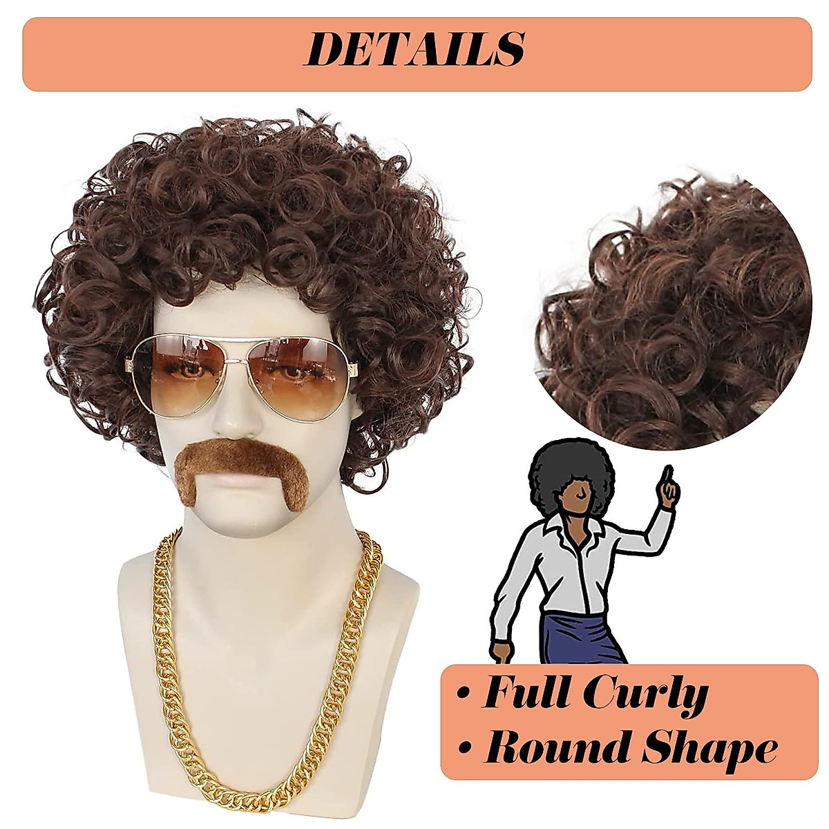 ANOGOL+Wig Cap+Mustache+Necklace+Glasses 5Pcs Afro Wig for Men Short Brown Curly Wig Disco Wigs 70'S Wig for Men 80'S Costumes for Men Disco Wig Jerry Curly Afro Wig Rocker Costume Wig Halloween Party