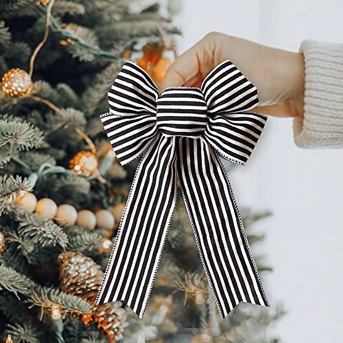 Cintago 6pcs Black and White Striped Bows for Wreath,8x12.5 Inches,Ticking Christmas Bows,Gift Bows,Holiday Bows for Craft