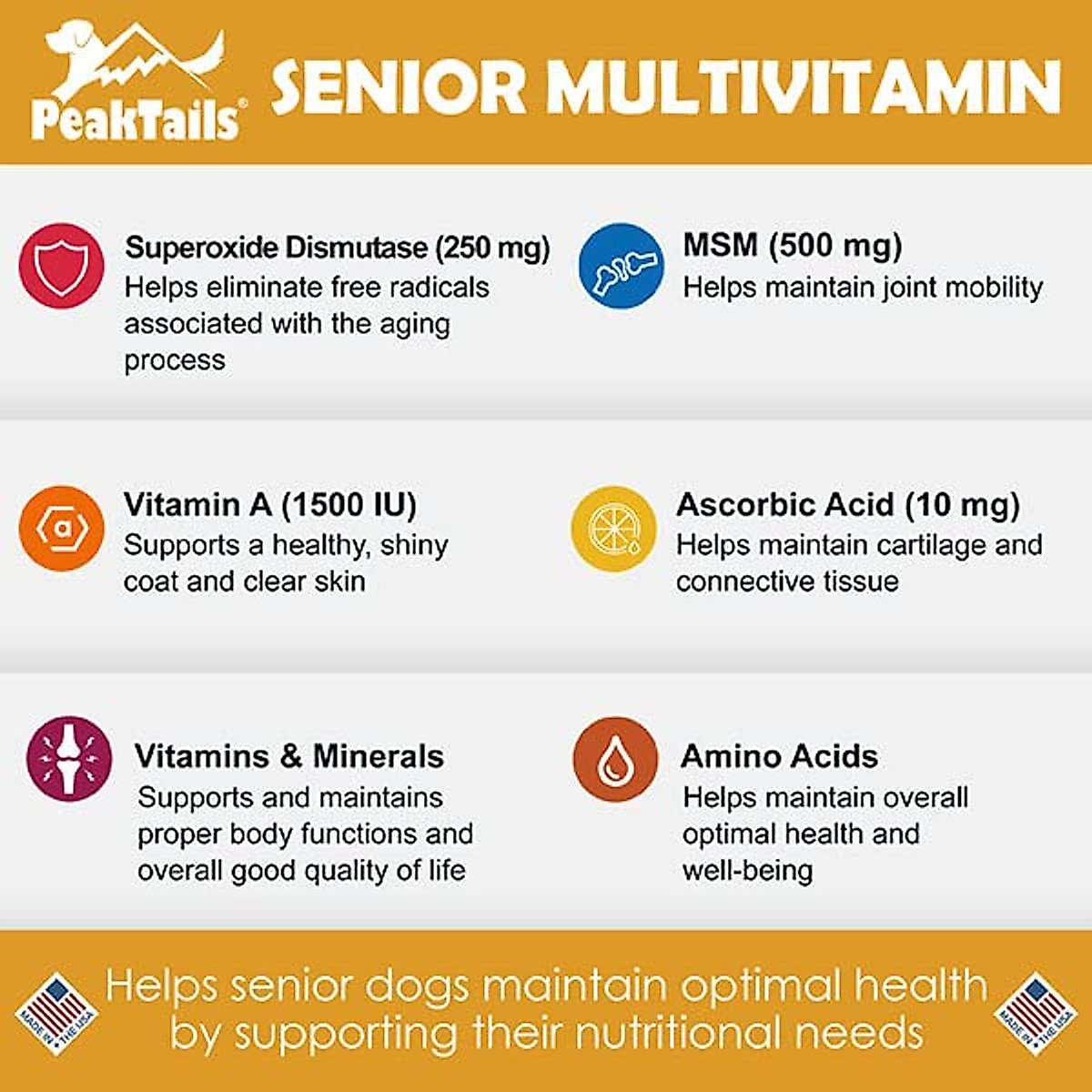 Kala Health PeakTails Senior Multivitamin for Dogs, Hip and Joint Support, Healthy Skin, Shiny Coat, Contains antioxidants and 18 Essential Amino acids and 19 Vitamins and Minerals, 350Count