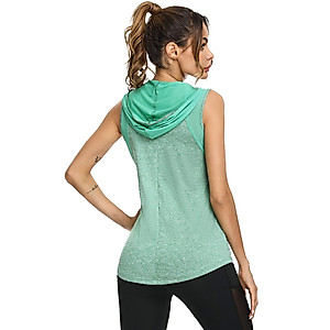 Sykooria Women's Workout Tops Mesh Hoodie Gym Tops Sleeveless Running Muscle Tank Tops (Green,S)