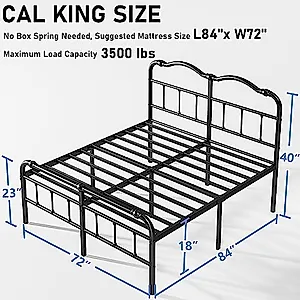 Breezehome California King Bed Frame with Headboard and Footboard, 18in High, Heavy Duty Metal Platform Bed Frame, Noise Free, Easy Assembly, No Box Spring Needed, Vintage Style, Black