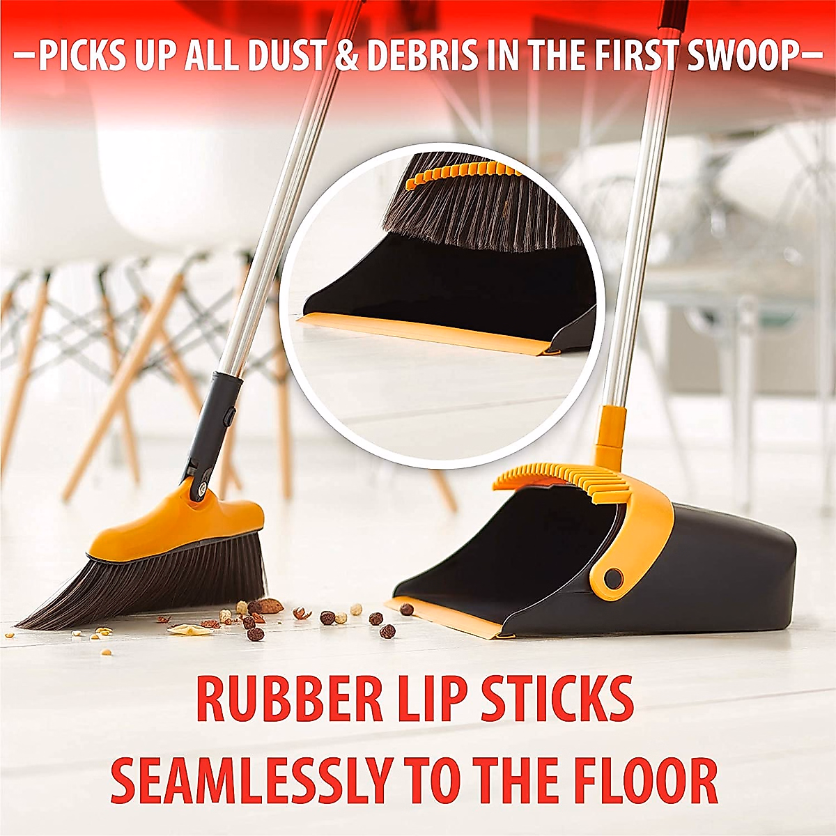 Broom and Dustpan Set with Long Handle - Kitchen Brooms and Stand Up Dust Pan Magic Combo Set for Home - Lobby Broom with Rotation Head and Standing Dustpan for Floor Cleaning