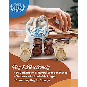 WE Games Checkers Pieces Only, Wooden Checker Board Game Pieces, 24 Dark Brown and Natural Stackable Pieces, Drawstring Storage Bag, 1.062 Diameter