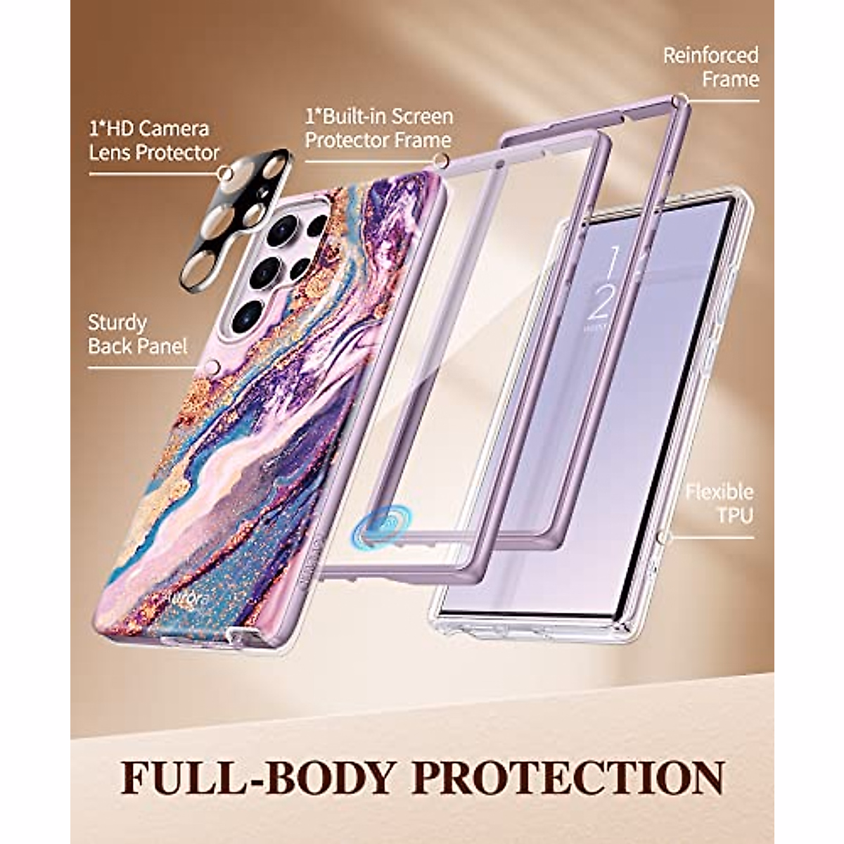 GVIEWIN for Samsung Galaxy S23 Ultra Case 5G 6.8", [Built-in Screen Protector + Camera Lens Protector ][2 Front Frames] Military Grade Shockproof, Marble Protective Phone Cover(Dreamland River/Purple)