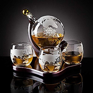 Whiskey Decanter Globe Set with 4 Etched Globe Whisky Glasses for Liquor, Scotch, Bourbon, Vodka, Gifts for Men - 850ml