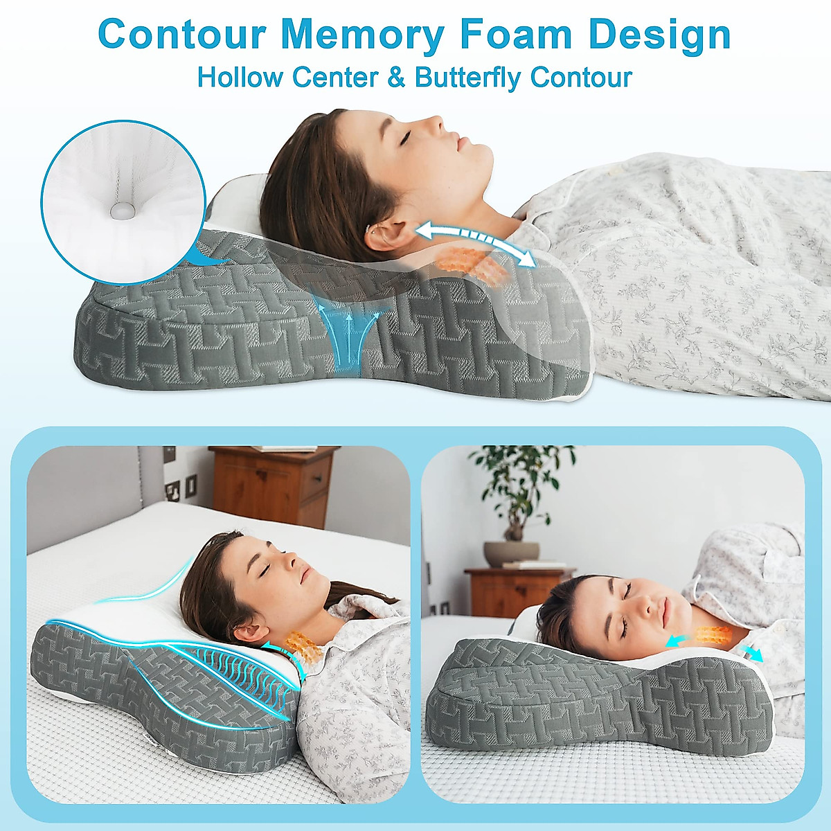 Elviros Cervical Memory Foam Neck Pillow for Pain Relief, Adjustable Orthopedic Support Pillows for Sleeping, Ergonomic Bed Pillow for Side, Back, Stomach Sleepers, Queen Size, Grey