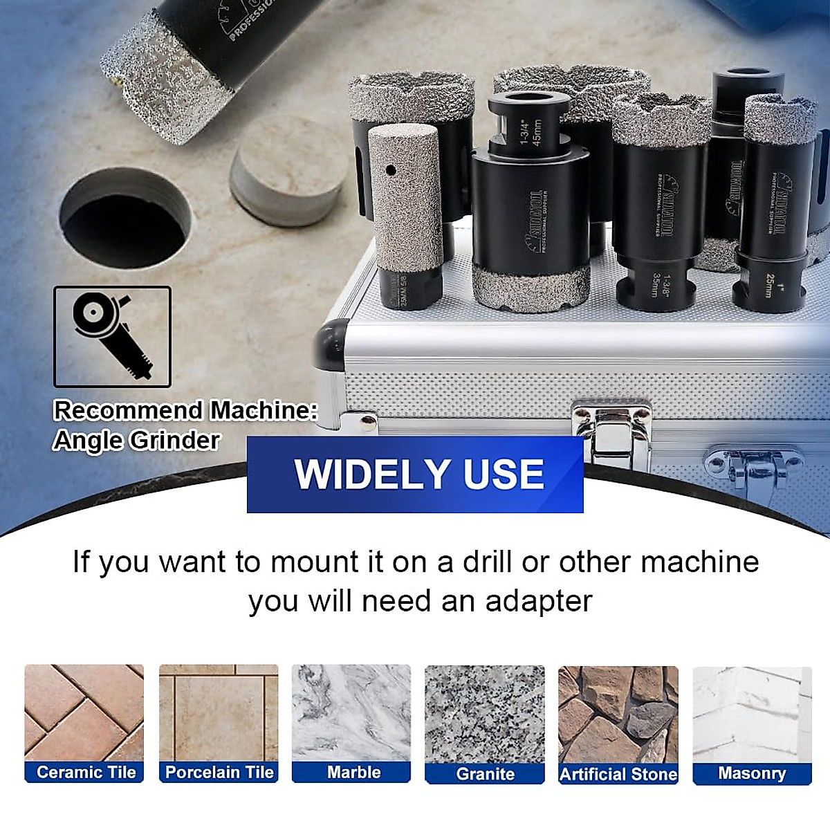 SHDIATOOL Diamond Core Drill Bits Set Hole Saw Kit for Porcelain Tile Ceramic Marble Brick Vacuum Brazed Cutter 7-Piece (25/35/45/51/65/76mm)+25mm Finger Bits