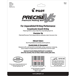 PILOT Precise V5 Stick Liquid Ink rollerball pens, Extra Fine Point, 0.5mm Bulk 10-pack of 5 Black Pens and 5 Blue Ink Color Pens, (15592)