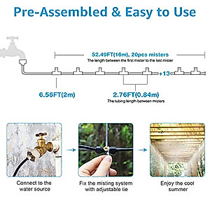 Misters for Outside Patio, 59 FT Misting Cooling System for Patio, 59FT (18 M) Misting Line+20 Mist Nozzles+3/4" Brass Adapter, Outdoor Misters for Patio, Garden, Greenhouse, Trampoline for Waterpark
