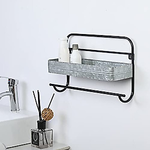 MyGift Silver Galvanized Metal Floating Shelf and Towel Bar with Black Metal Frame, Decorative Wall Display Shelf