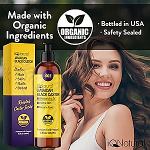 IQ Natural Jamaican Black Castor Oil for Hair Growth and Skin Conditioning, 100% Pure Cold Pressed, Scalp, Nail and Hair Oil - (Unscented) (8oz)