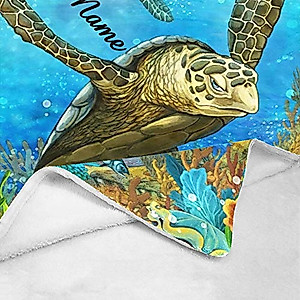 CUXWEOT Custom Blanket with Name Text,Personalized Underwater World Sea Turtle Super Soft Fleece Throw Blanket for Couch Sofa Bed (50 X 60 inches)