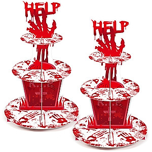 Sliner 2 PCS Halloween Bloody Cupcake Stand Party Decorations Bloody Handprint Cupcake Holder Halloween Bloody Help Cake Holder Bloody Dessert Stand for Halloween Bloody Horror Scary Party Supplies