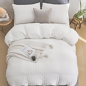 DuShow Queen Duvet Cover White,3 Pieces Seersucker Duvet Cover Set,Soft Breathable Textured Bedding Set,White Queen Comforter Cover Set for All Season