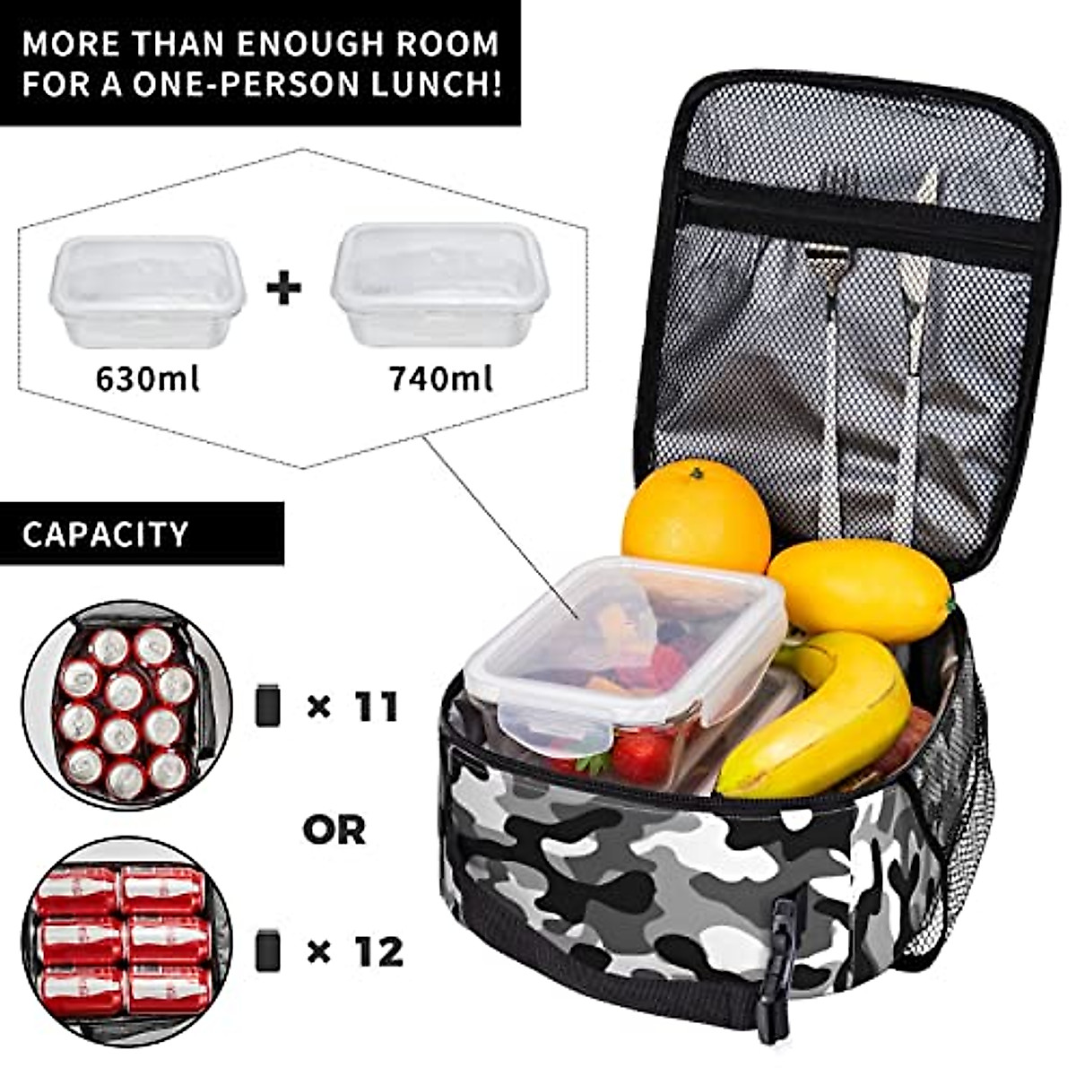 Eztrxuvl Black Camo Lunch Bags For Men Women Boys Girls Reusable Insulated Lunch Box Lunch Container Tote Bags For Office Work School Picnic Camping Thermal Insulation And Cold Preservation