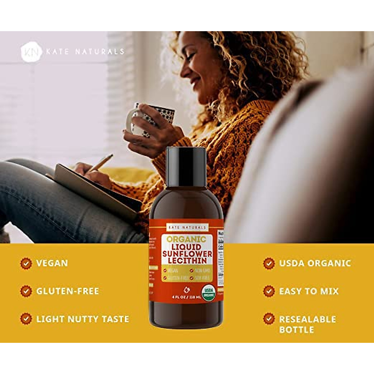 Kate Naturals Organic Sunflower Lecithin Liquid for Brownies, Gummies and Cooking (4oz) Vegan & Gluten Free. Organic Liquid Lecithin Sunflower for Lactation Supplement, Baking, and Smoothies