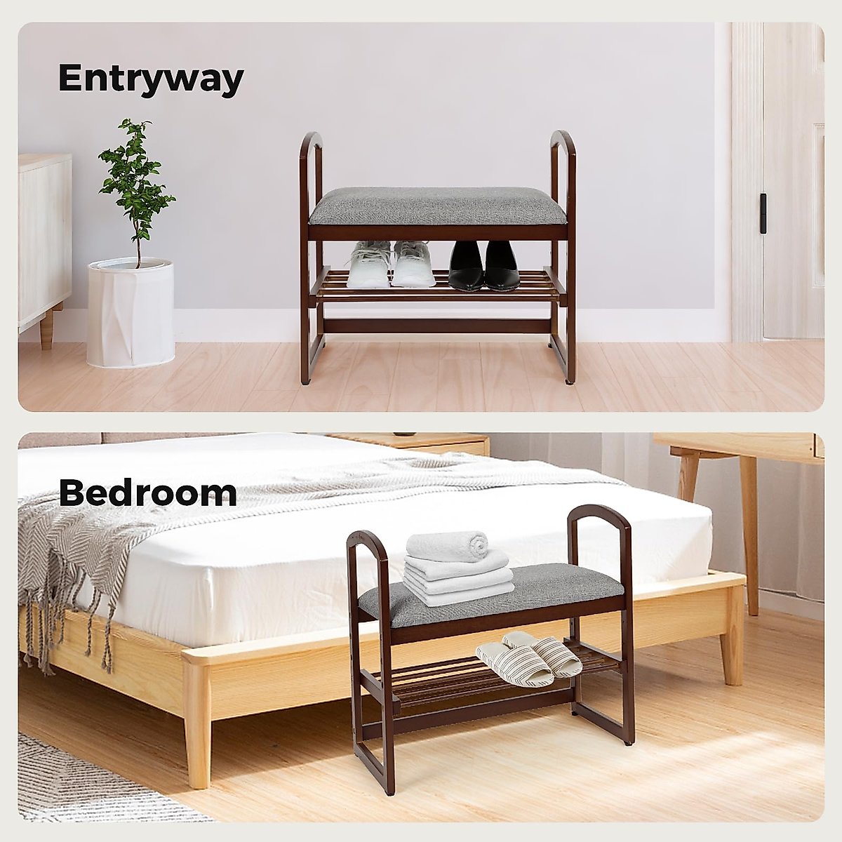 StrongTek Elderly-Friendly Bamboo Shoe Bench with Armrests, Lightweight with 220 lbs Capacity, Entryway Bench with Soft Cushion, Small Shoe Rack for Up to 4 Pairs of Shoes, Suitable for All Ages