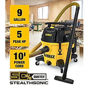 DEWALT 9 Gallon STEALTHSONIC Ultra Quiet Poly Wet/Dry Vacuum, DXV09P-QTA Newest Noise Reduction Vac, Heavy Duty Shop Vacuum for Jobsite/Workshop, Reduce Motor Noise, Yellow