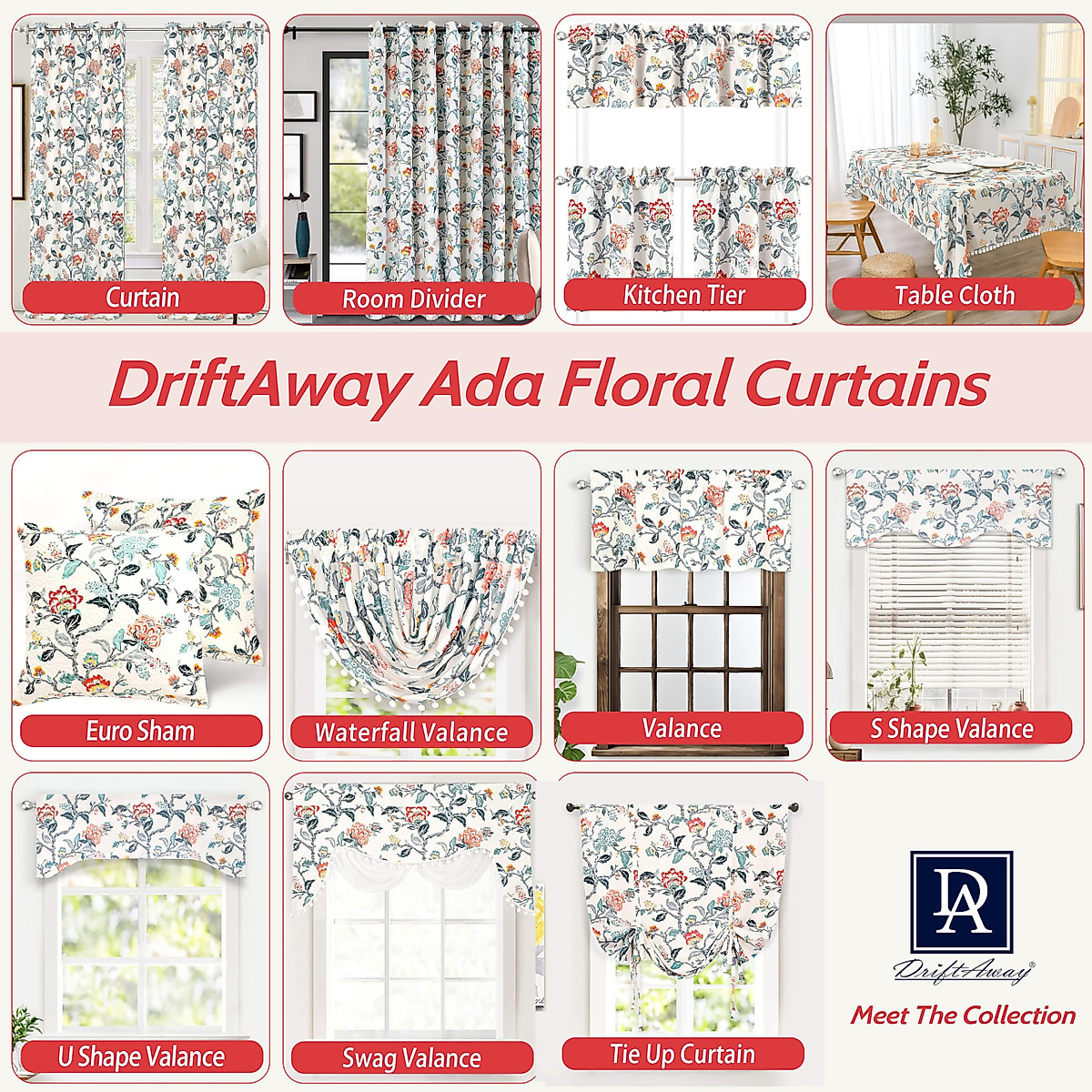 DriftAway Ada Floral Botanical Print Flower Leaf Lined Thermal Insulated Room Darkening Blackout Grommet Window Curtains 2 Layers Set of 2 Panels Each 52 Inch by 84 Inch Ivory Orange Teal