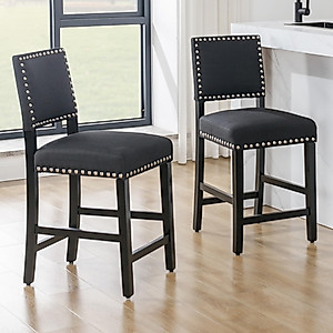 DAGONHIL 24 inch Bar Stools Set of 2, Counter Height Stools, Fabric Upholstered Barstools with Back and Wood Leg, Armless Dining Chairs with Silver Copper Nail for Kitchen Island Living Room(Black)