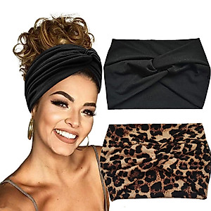 Hexchasty 2Pcs Turban Headbands for Women Fashion Boho Stretchy Thick Cute Extra Wide Headbands large Fabric Knotted Cloth Twisted Head Wraps for Womens Girls Black and leopard