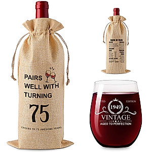 kwsnatel 75th Birthday Decorations 75th Birthday Gifts for Women Men 1949 Vintage Wine Gift Set 75 Year Old Birthday Gifts for Her Him Back in 1949 Burlap Drawstring Wine Bag and 15 OZ Wine Glass