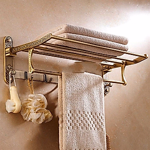 VoOqo Bathroom Towel Holder, Towel Rail Wall Mounted Aluminum Foldable Antique Brass Bath Towel Rack Active Bathroom Towel Holder Double Towel Shelf with Hooks Bathroom Accessories Convenient