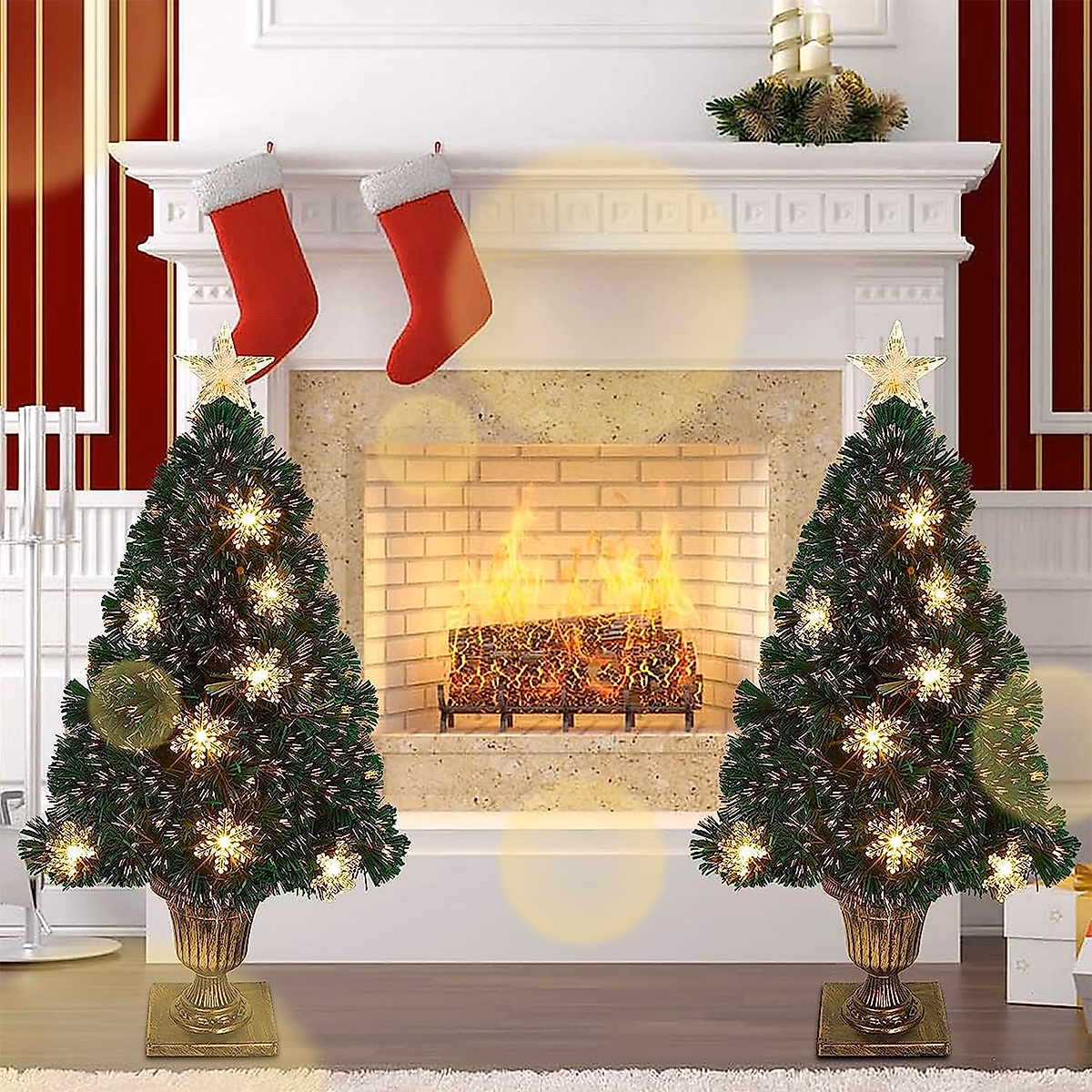 Juegoal 3 FT Pre-Lit Artificial Christmas Tree, 2 Pack Lighted Optical Fiber Entrance Tree in Gold Urn Base with Lights, 8 Lighting Modes, 110 Branch Tips Front Door Porch Entryway Holiday Home Decor