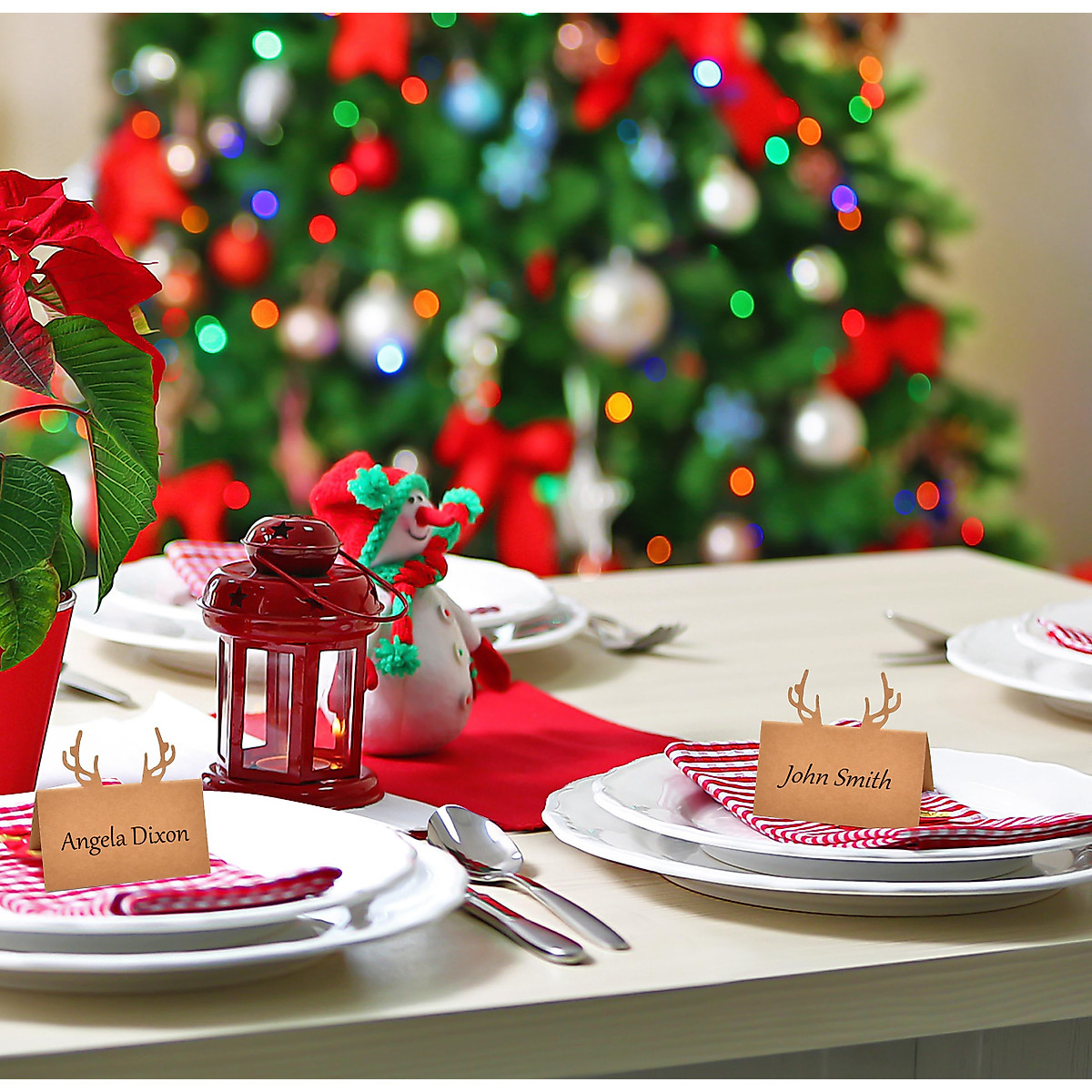 100 Pack Christmas Place Cards Holiday Seating Name Card Die Cut Xmas Reindeer Antlers Table Setting Folded Paper Tent Cards for Winter Dinner Wedding Tables Placement Party Decorations 2" x 3.5"