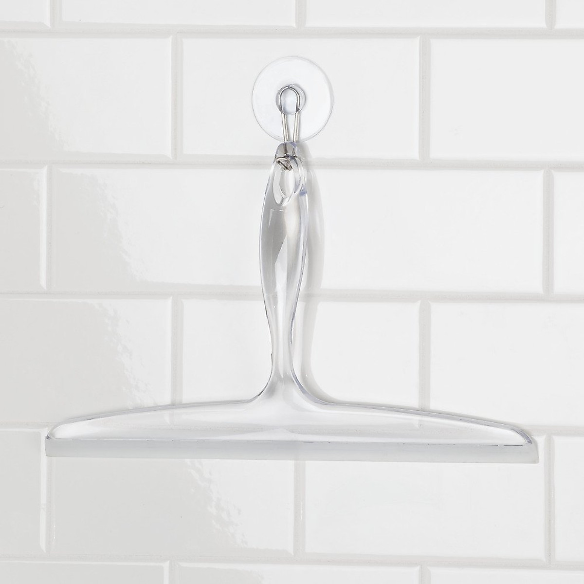 iDesign Plastic Bath Squeegee for Glass with Suction Hook Holder – 12", Clear