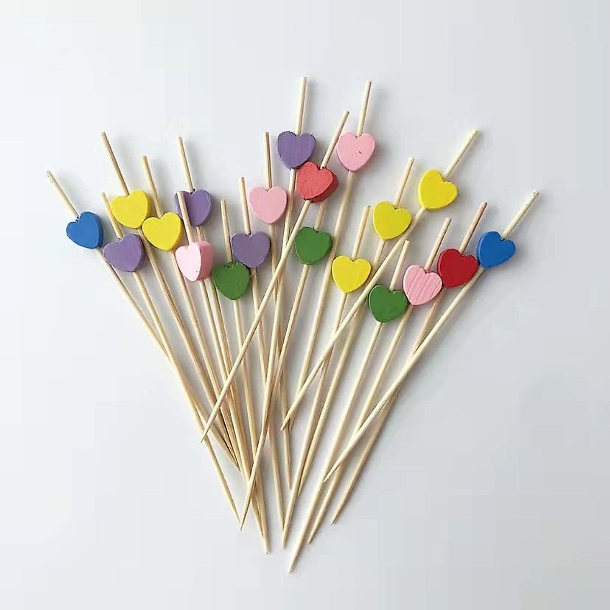 100 Pack Fruit Toothpicks, Heart-Shaped Bamboo Cocktail Picks, Natural Bamboo Toothpicks for Appetizers Fruit Cake Dessert Barbecue Snacks Sandwiches (Multicolor)