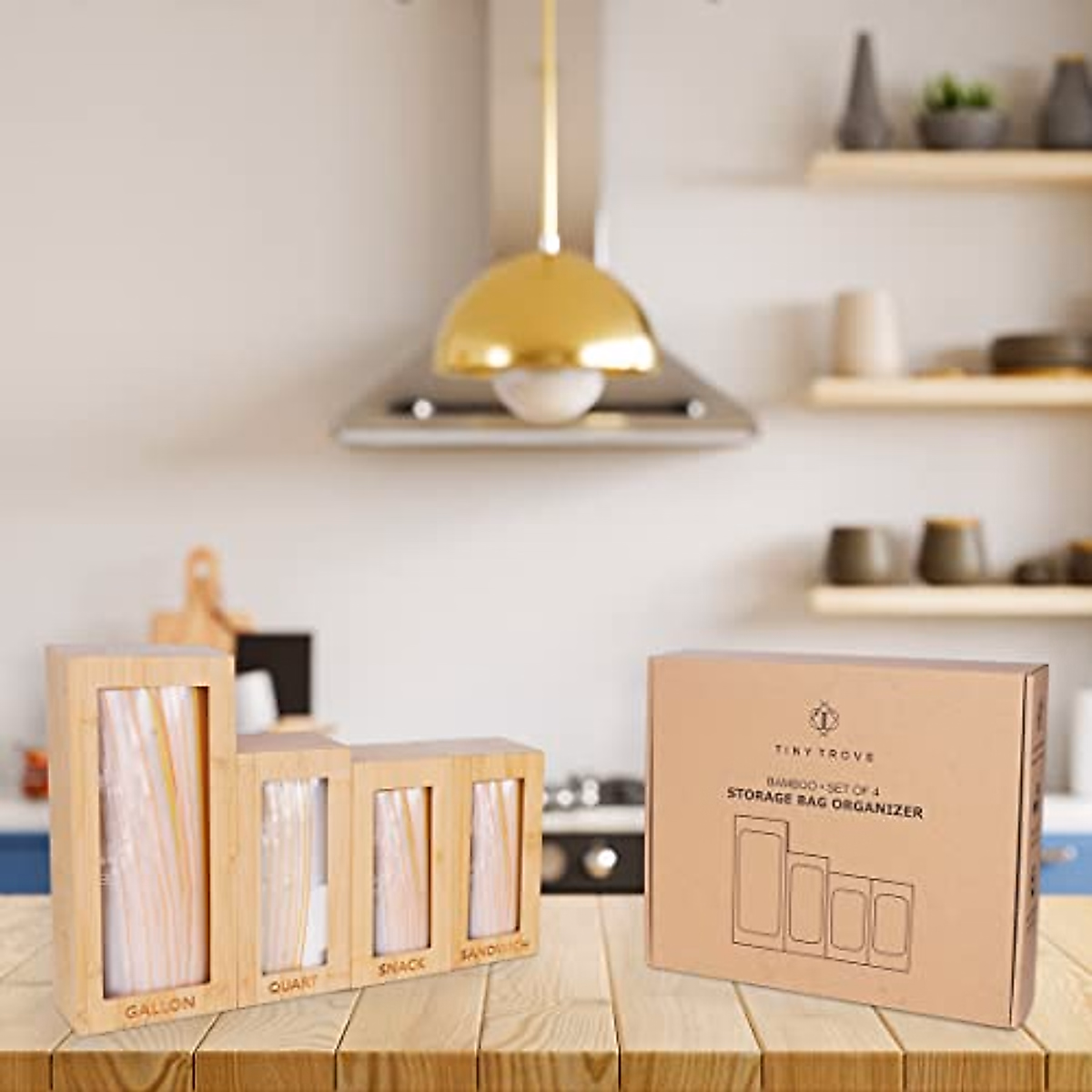 Set of 4 Bamboo Food Storage Bag Organizer with Non-Slip Pads for Gallon, Quart, Sandwich, Snack, Zipper and Slider Bags, Kitchen Drawer Organizer for Ziploc, Glad, Solimo, 365 by WFM, Hefty