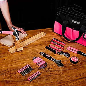 DEKOPRO Pink Tool Set for Women Ladies Girls, 226-Piece Household Hand Tool Kit with Wide Mouth Open Storage Tool Bag for DIY, Home and Equipment Maintenance