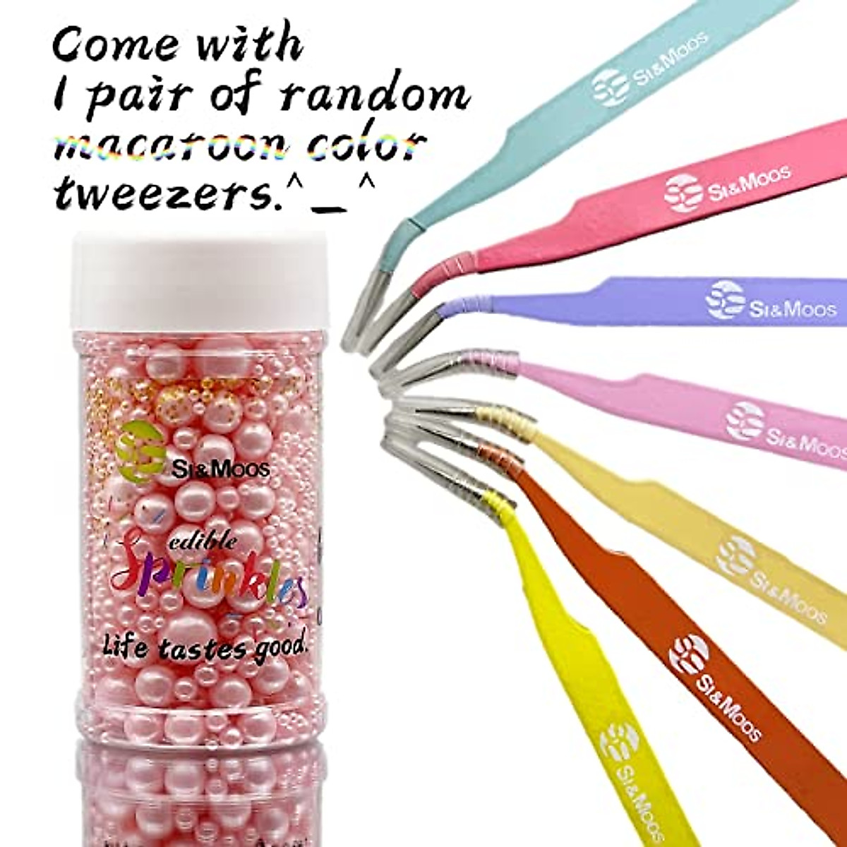 SE Si&Moos Edible Pearls for Cake Decorating Sugar Pearls Pink Pearl Sprinkles Pink Cookie Decorating Peals 3.5 oz with 1 Pair of Tweezers