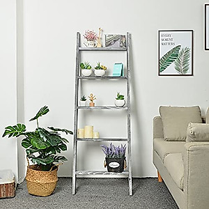 ExoLiry Rustic Stone Gray Wood Wall Leaning Ladder Wooden Display Rack 4.5 Feet Blanket Quilt Scarf Towel Laundry Decor 5 Rungs Farmhouse Country Style Home Bathroom Kitchen Bedroom Living Room