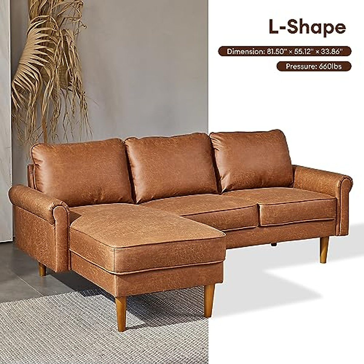 ovios Mid-Century Sectional Sofa, 81.5" L-Shape Sofa Couch with Chaise, Faux Leather Couch with Curved Arm and Solid Wood Legs for Living Room, Left Chaise, Brown