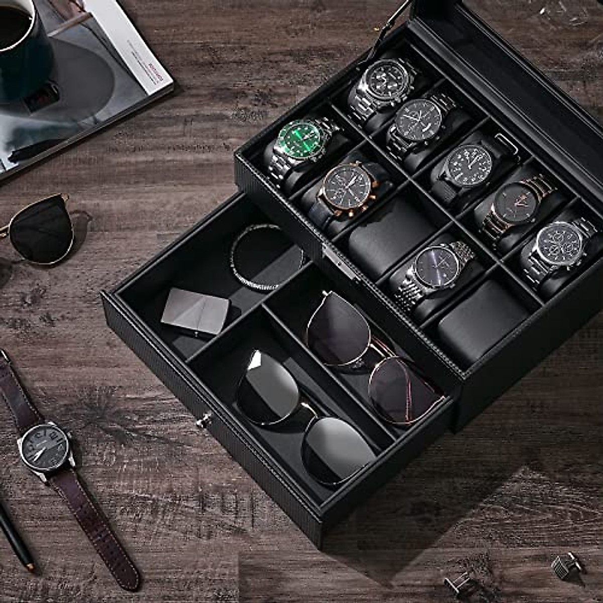 BEWISHOME Watch Box Organizer with Valet Drawer - Real Glass Top, Metal Hinge, Large Holder, Black Carbon Fiber Faux Leather - 10 Slots Watch Storage Case Jewelry Box for Men SSH14C