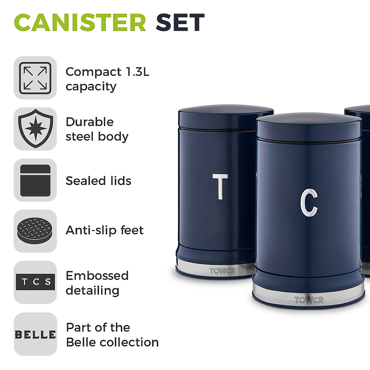 Tower T826171MNB Belle Set of 3 Canisters, Tea/Coffee/Sugar Storage, Midnight Blue