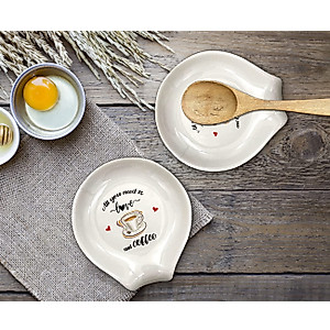 WHING Farmhouse Kitchen White Ceramic Coffee Tea Spoon Rest Holder, All We Need Is Love and Coffee - Coffee Station Decor Gift for Coffee Lovers Girlfriend Wife Husband Anniversary Friends
