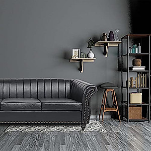 84" Chesterfield 3 Seater Sofa Black with Rolled Arm, Mid Century Modern Striped PU Leather Couch for Small Spaces