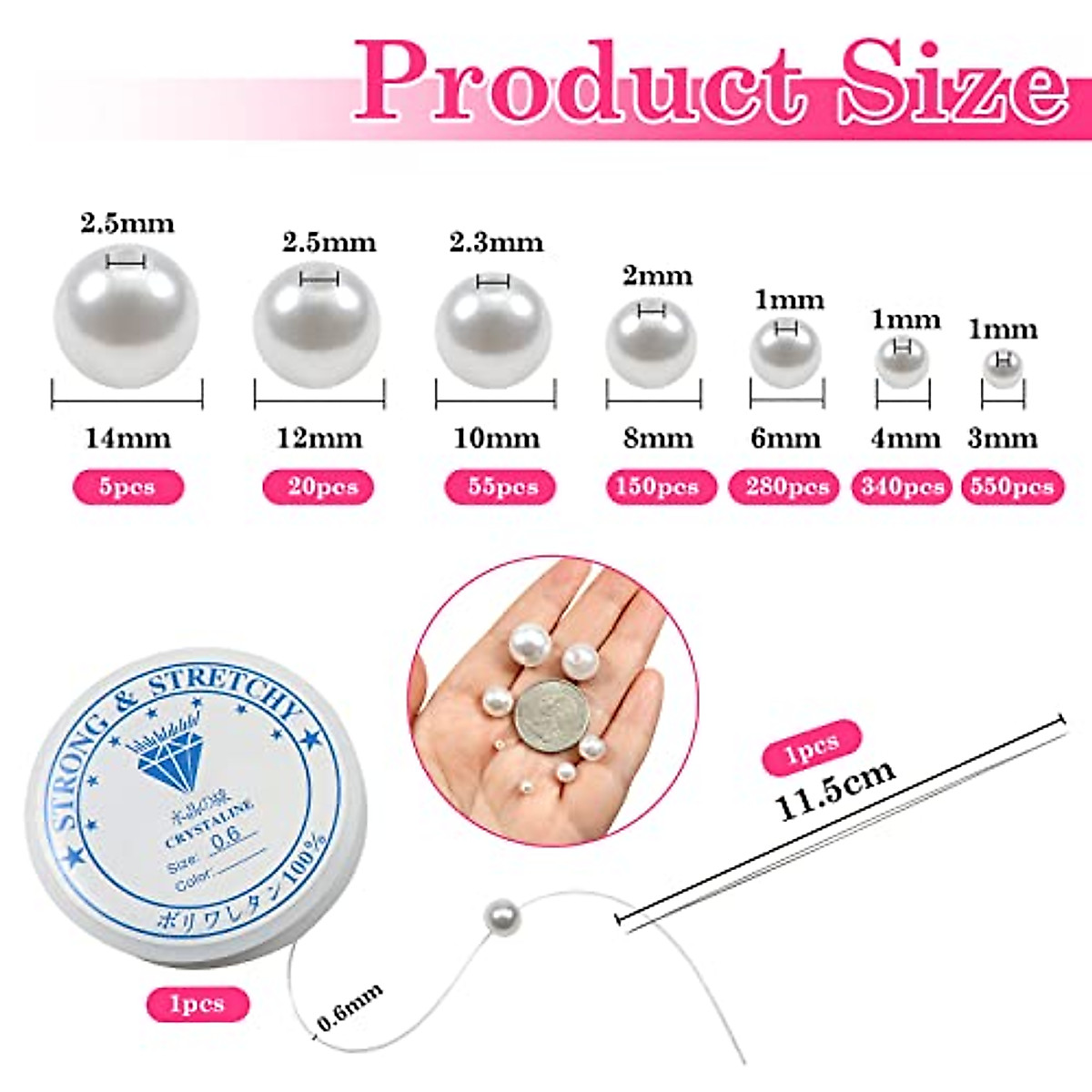 TOAOB 1400pcs White Pearl Beads for Jewelry Making 3mm to 14mm Plastic Pearl Beads Loose Round Faux Pearl Beads with Holes for DIY Crafts Earring Necklace Vase Filler and Home Decoration