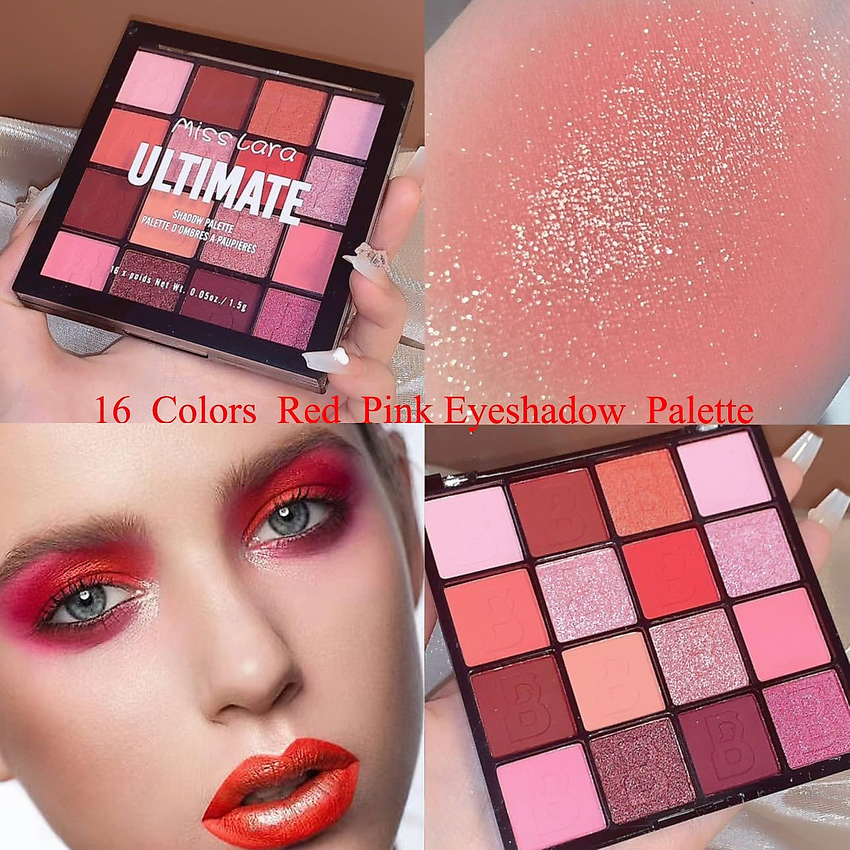 Pink Red Eyeshadow Palette, 16 Colors Pink Matte Glitter Metallic Eye Shadow Pallet, Korean Eyeshadow Palette Makeup, Pigmented Red Eyeshadow Kit for Halloween Parties Joker Vampire Clown Makeup
