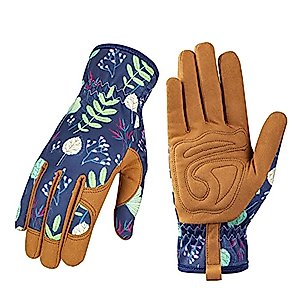 Leather Gardening Gloves for Women - Working Gloves for Weeding, Digging, Planting, Raking and Pruning (B-Blue)