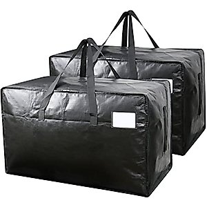BLKDOTS Jumbo Size House-moving Storage Bags, Water-resistant with Strong Handles, Zip Closure, Black, Pack of 2