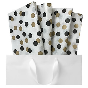 Printed Tissue Paper for Gift Wrapping with Design (Black & Gold Polka Dots on White), 24 Large Sheets (20x30)