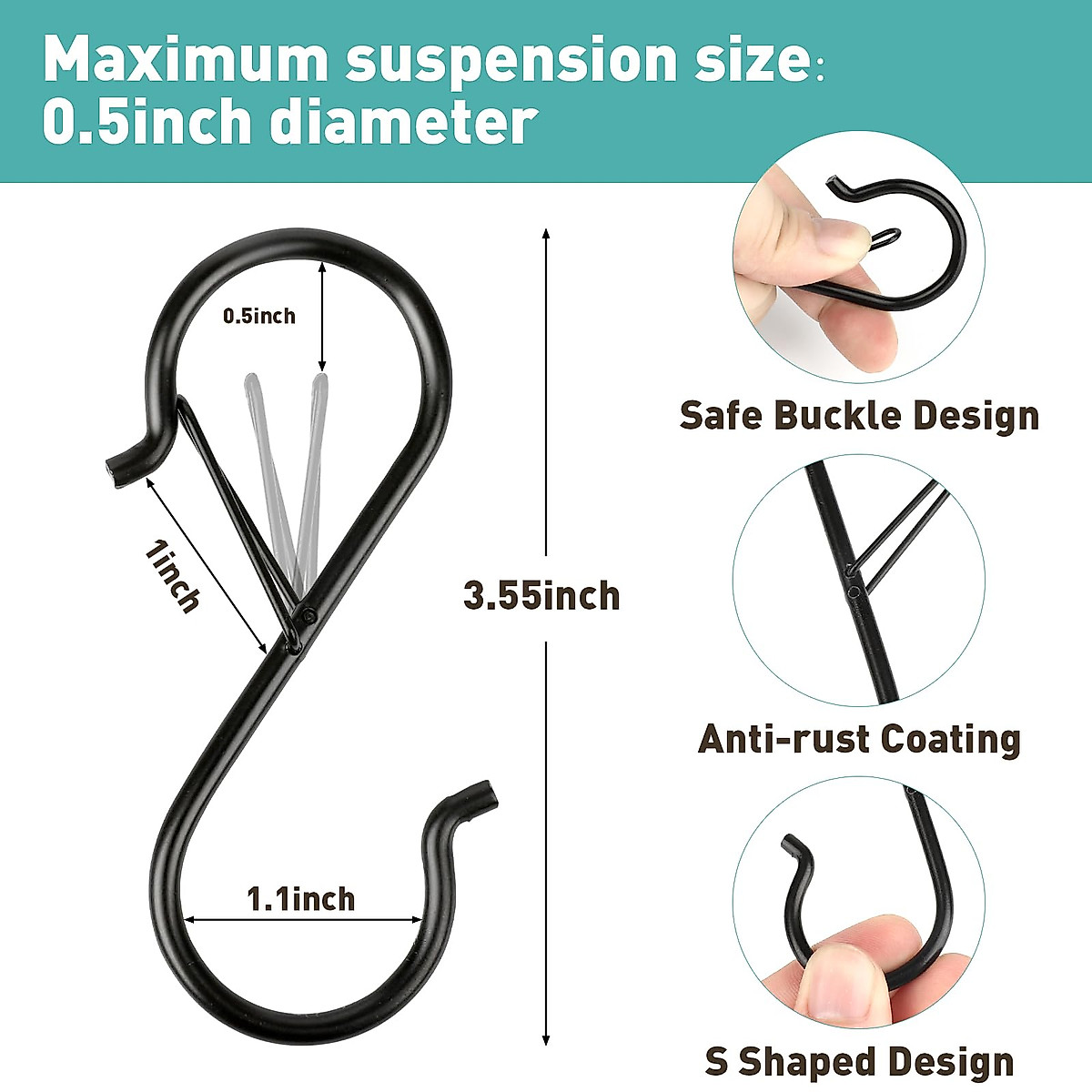 20 Pcs S Hooks for Hanging Heavy Duty, 3.5-inch Heavy Duty Metal S Hooks with Safety Buckle, S Shaped Hooks, Pot Rack Hooks, Closet Hooks, S Hooks for Hanging Plants, Kitchen Utensil, Pot, Pan, Bags