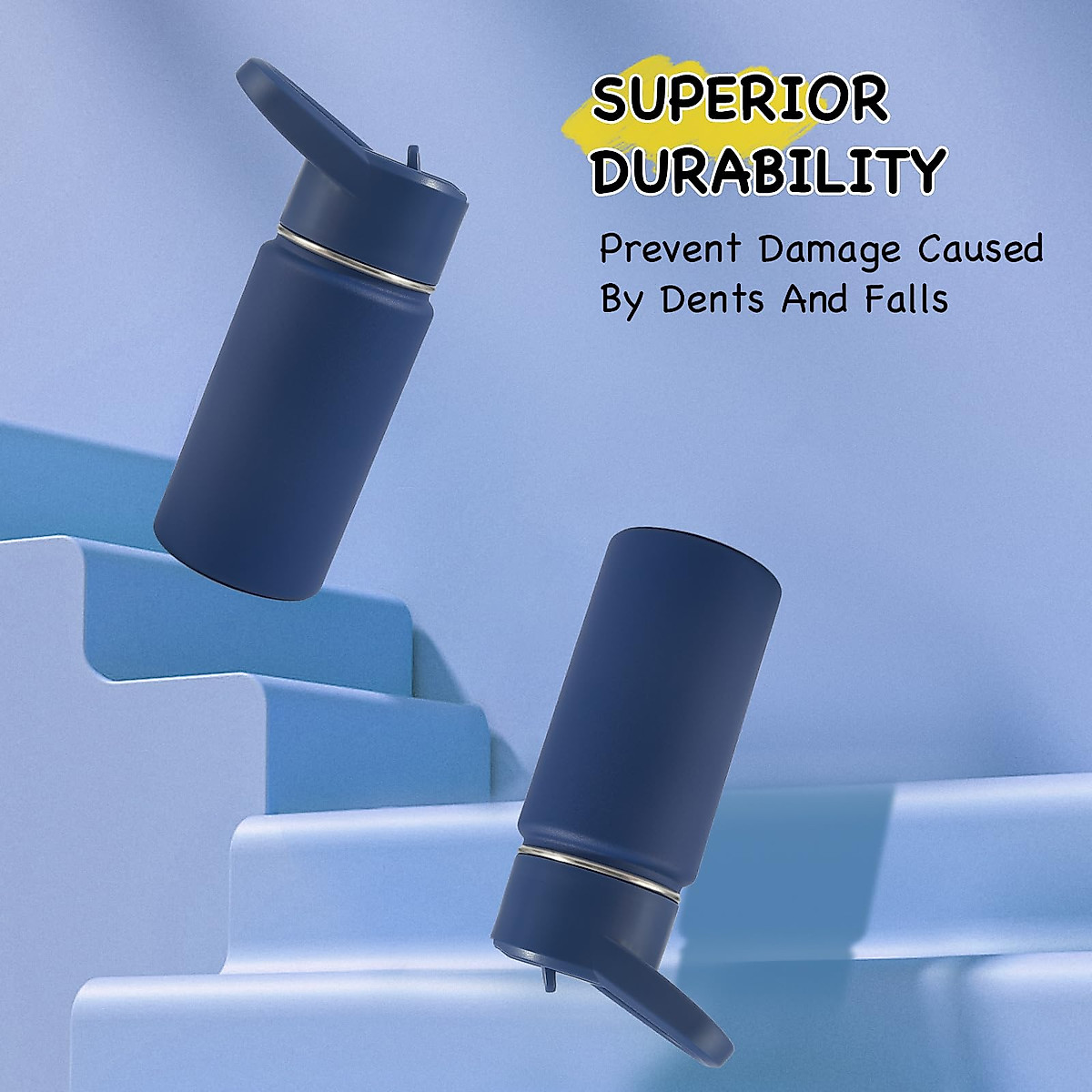 Fijinhom 12oz Kids Water Bottle for School Boys&Girls, Leak-Proof Toddler Water Bottle, Stainless Steel Vacuum Insulated Bottle with Straws Lids, Navy blue