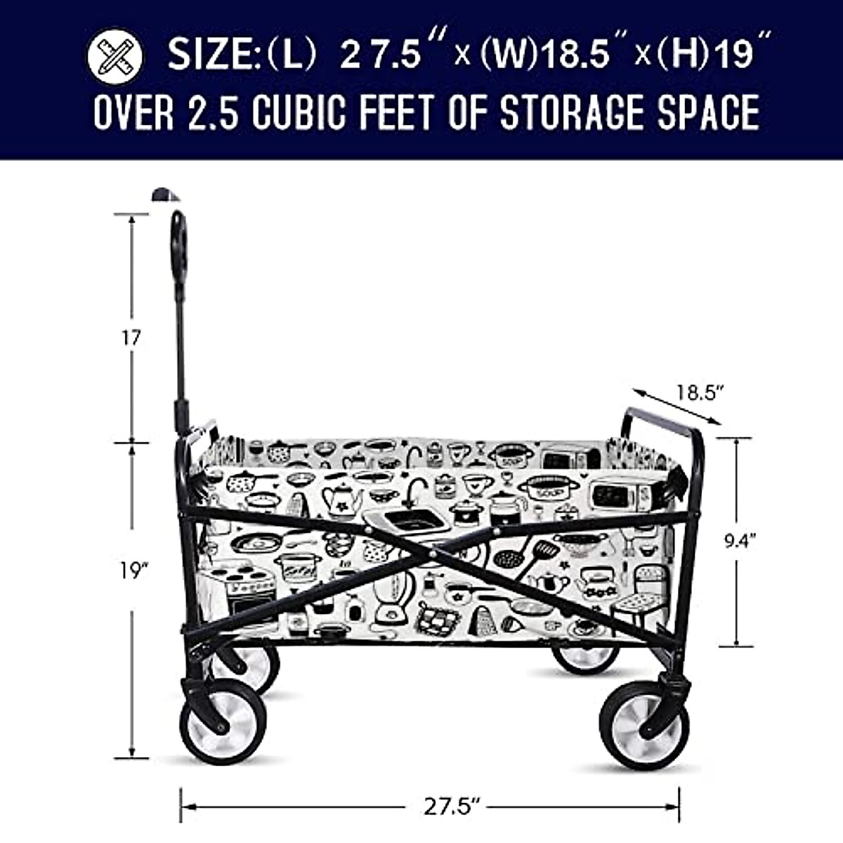 Collapsible Wagon Cart Set of Doodle Kitchen Tools on White Hand Drawn Cooking Icons Set Foldable Utility Wagon Large Capacity Garden Cart with Push Bar for Beach Camp Outdoor Shopping